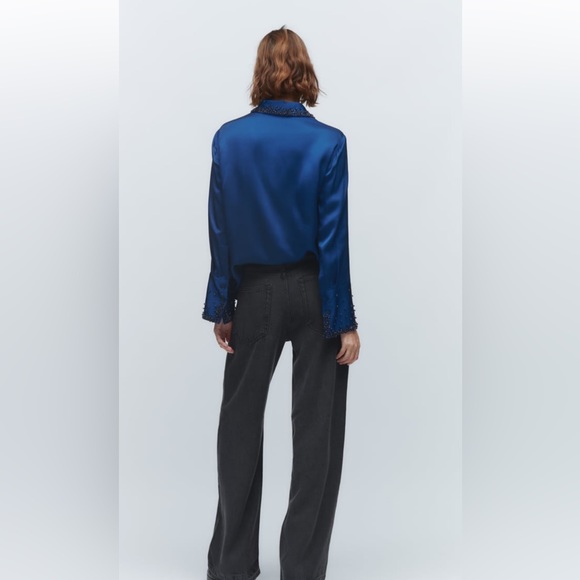 Zara | Tops | Zara Rhinestone Satin Effect Shirt | Poshmark